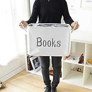 INough Book Basket for Kids Room, Book Storage Box Shelf Organizer for Kids Collapsible Book Bins with Drawstring Closure Baby Storage Bins Book Storage Container for Nursery/Classroom/Bedroom/Living room, for Magazines/Cartoon Book Reading(Large, Books)