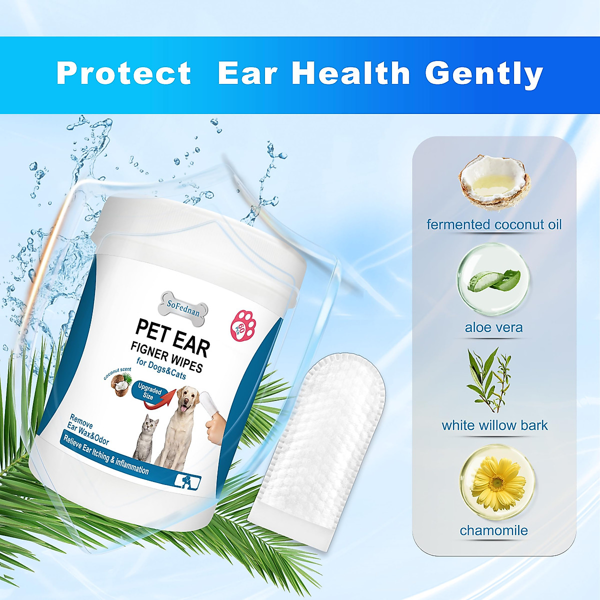 SoFednan Ear Finger Wipes，Pet Ear Cleaner Finger Wipes for Dogs and Cats，Remove Ear Wax and Dirt，Stop Smelly & Itchy Ears, Non-Irritating - Hypoallergenic (60 Count, Coconut Scent)
