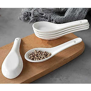 10 Pack White Ceramic Soup Spoons,Wonton Soup Spoons,Asian Soup Spoon Set,5"Kid Spoons,Tasting Spoon,Side Dishes,Table Spoons,Small Appetizer Spoon,Stackable Ramekins Can Stand,Deep Oval Design