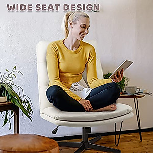 LEMBERI PU-Padded Armless Office Desk Chair No Wheels,High-Back Wide Seat Home Chair,120° Rocking Cross Legged Computer Task Chairs,Modern Adjustable Swivel Vanity Chairs (White)