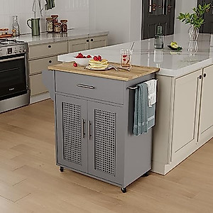 Tornama Kitchen Island with Storage, Rolling Kitchen Island on Wheels with Solid Wood Countertop, Kitchen Island Cart with Rattan Storage Cabinet, Spice Rack, Towel Rack and Drawers, Grey