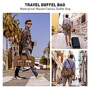 Wildroad Duffle Bag for Travel, 50L Waterproof Waxed Canvas Genuine Leather Weekender Overnight Bag Vintage Travel Hand Bag Carry on Bag