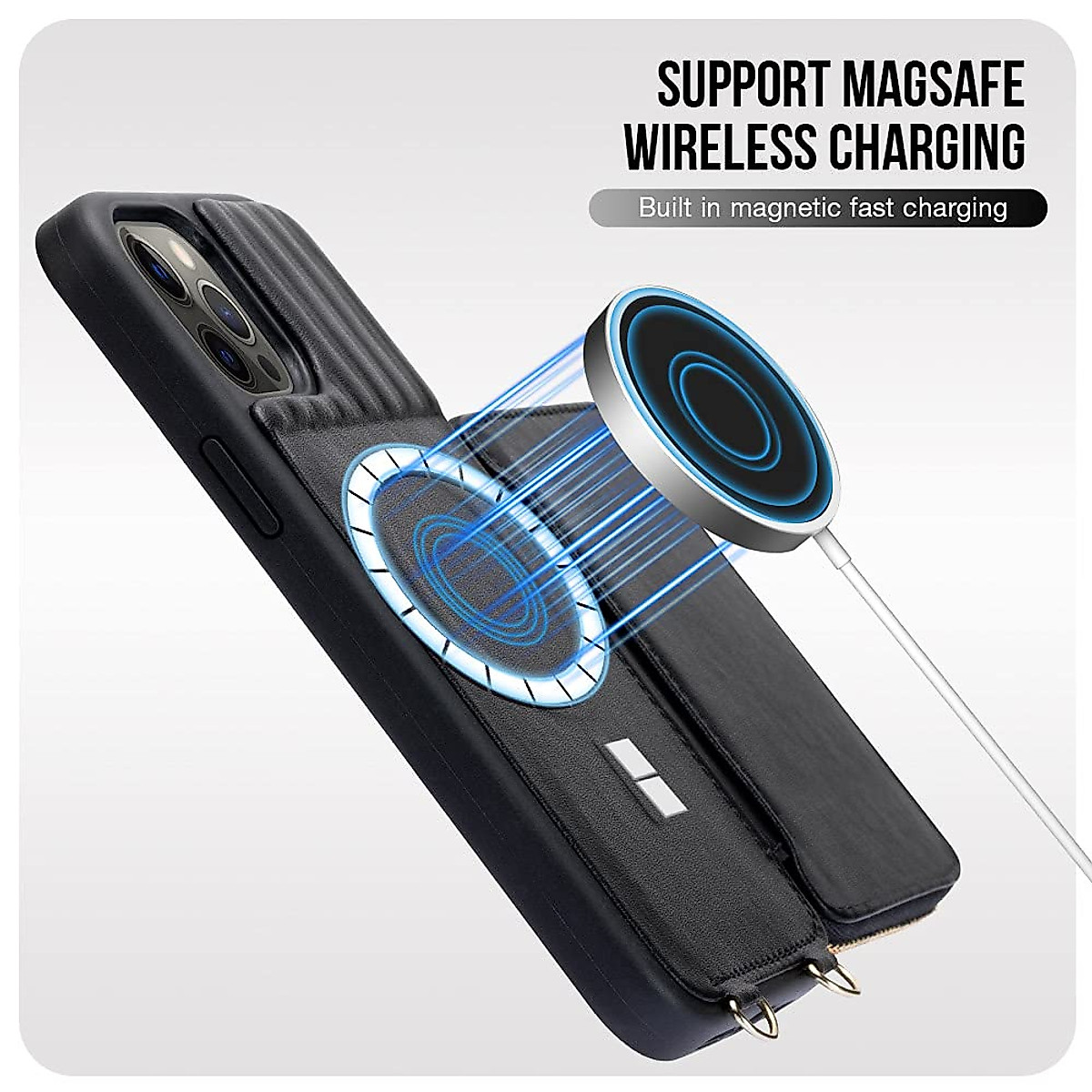 JLFCH for iPhone 12 Pro Max Wallet Case with Crossbody Chain Wrist Strap Card Holder Zipper Purse Compatible with Apple iPhone 12 Pro Max 6.7 inch - Black