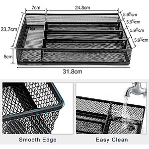 Ipanda Cutlery Tray, Cutlery Organizer, Non-Silp 5 Compartments Utensil Drawer Storage, Kitchen/Office, Steel Mesh Silverware Drawer/Holder/Divider (Black)