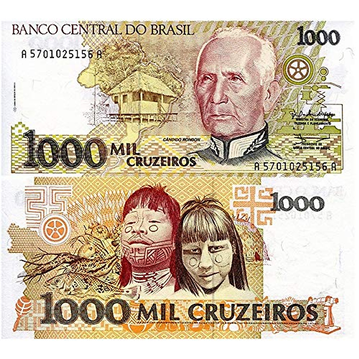 1990 BR Flawless Old Brazil Bill w Tatooed Indians, Colonial Governor! 1000 CRUZEIROS Gem Crisp Uncirculated