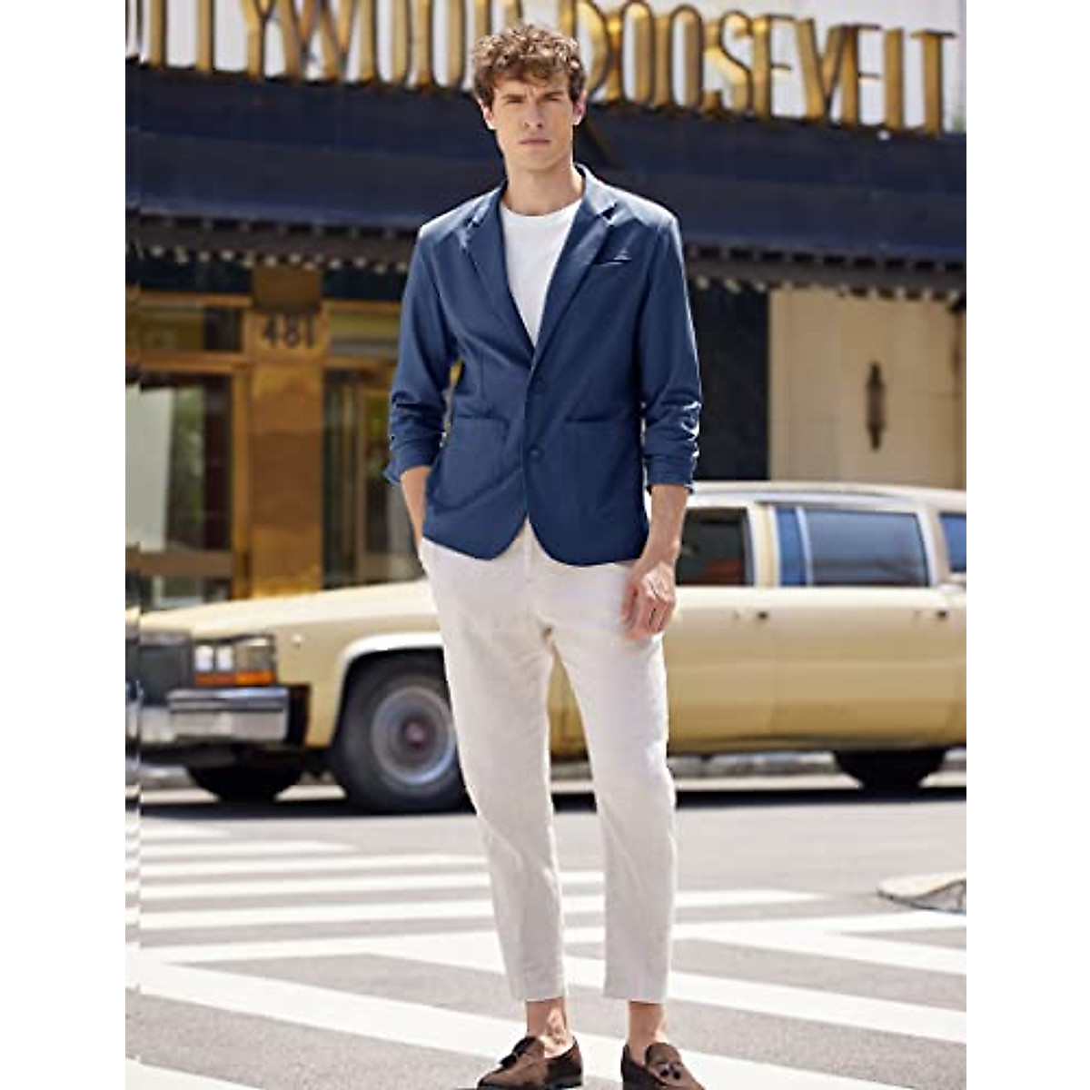 COOFANDY Men's Navy Blazer Casual Linen Sport Coat Lightweight Two Buttons Suit Jacket