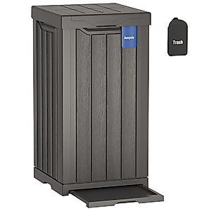 EAST OAK 31 Gallon Outdoor Trash Can | Waterproof Resin Garbage Can with Recycle and Garbage Labels | Secure Bag Lip Lock and Drip Tray | Outside Trash Bin for Patio | Kitchen, Backyard or Deck | Gray