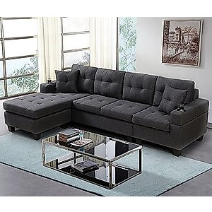 Morhome Convertible Sectional 97.2" L-Shape Sofa 4-Seat Couch with one Lumbar Pad Fabric Upholstered for Living Room, Apartment, Office, Creamy-Beige