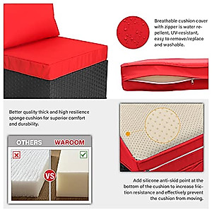 Outdoor Patio PE Wicker 5 Piece Furniture Set, Black Rattan Sectional Conversation Sofa Chair with Square Propane Fire Pit Table, Red Cushion