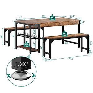 YITAHOME 63" 3 Piece Kitchen Dining Table Set for 4 with Bench & Storage, Farmhouse Rectangle Dining Room Dinner Table with Wine & Glass Holder for Space Saving, Rustic Brown