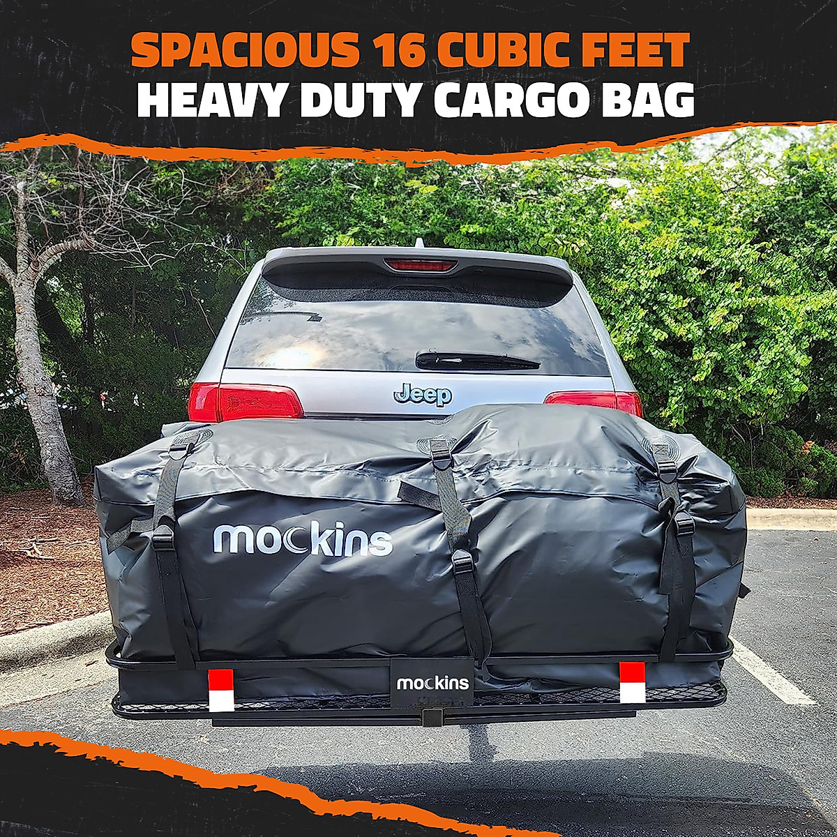Mockins 16 Cu.Ft. Trailer Hitch Cargo Carrier Bag | 58"x20"x24" Abrasion-Resistant Vinyl Waterproof Cargo Bag for Hitch Carrier | All-Weather Truck Bed Storage Set w/Straps, Bag Lock, & Carry Bag
