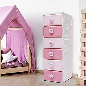 LOYALHEARTDY Plastic Drawers Dresser, 6 Drawers Dressers Chests with Wheels, Pink Storage Closet Cabinet Clothes Toys Snacks Organizer for Bedroom, Living Room, Playroom(Pink Pig Handle)