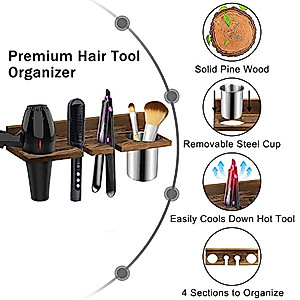 Hair Tool Organizer Wall Mounted - Wooden Hair Dryer Holder, Blow Dryer Holder for Bathroom, Rustic Hair Styling Tools Organizer for Flat Iron, Curling Wand, Hair Straighteners, Brushes, Brown