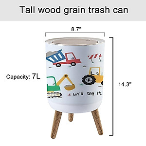 KCDCYCZEAL Small Trash Can with Lid Cute Construction Trucks for Kids Round Recycle Bin Press Top Dog Proof Wastebasket for Nursery Playroom Bedroom Office 7L/1.8 Gallon