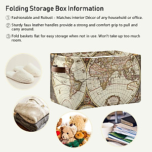 AUUXVA Globe Travel World Map Storage Basket Collapsible Cloth Storage Cube Basket Bins Organizer with Handles Rectangular Large Toys Shelf Closet for Nursery Bedroom Home Office
