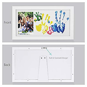NWK DIY Family Photo + Family Hand/Footprints Kit with 10 X 17inch Elegant White Wood Picture Frame, Non-Toxic Watercolor Paints, Baby Shower Adoption Father's Day Gift for New Mom Dad (with Ink pad)