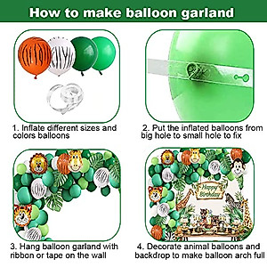 Safari Birthday Decorations for Boy Jungle Theme Party Supplies Green Balloon Garland Arch Kit with Happy Birthday Backdrop Animal Balloons Palm Leaves