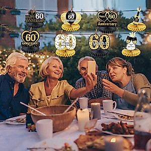 Happy 60th Anniversary Decorations Table Honeycomb Centerpiece, 8pcs 60 Wedding Anniversary Party Supplies, Black Gold Sixty Year Anniversary Table Topper Decor Kit