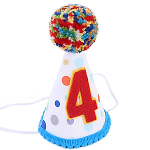 WAHAWU Baby 4th Birthday Party Handmade Hat, Primary Colors Confetti Cone Mini Hat with Multicolored Fur Balls, Stretchable Band, Fits Baby Girls/Boys, 3.5*3.1 inches, Costume Headwear
