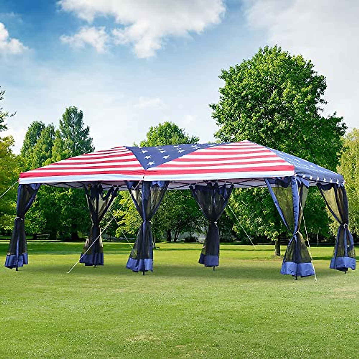 Outsunny 10' x 20' Heavy Duty Pop Up Canopy with 6 Sidewall Mesh Netting, Outdoor Party Event Tent with Oxford Fabric Roof for Backyard Garden Patio, American Flag