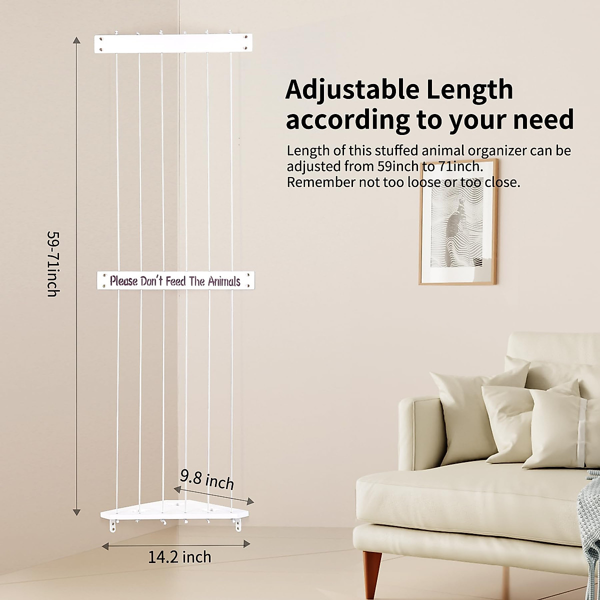 Stuffed Animal Storage Soft Toy Organizer, Kids Room Stuffed Animal Holder Zoo with Adjustable Length Large Corner Plush Toy Shelf Wall Hanging Storage for Nursery Playroom Bedroom (White Cord)