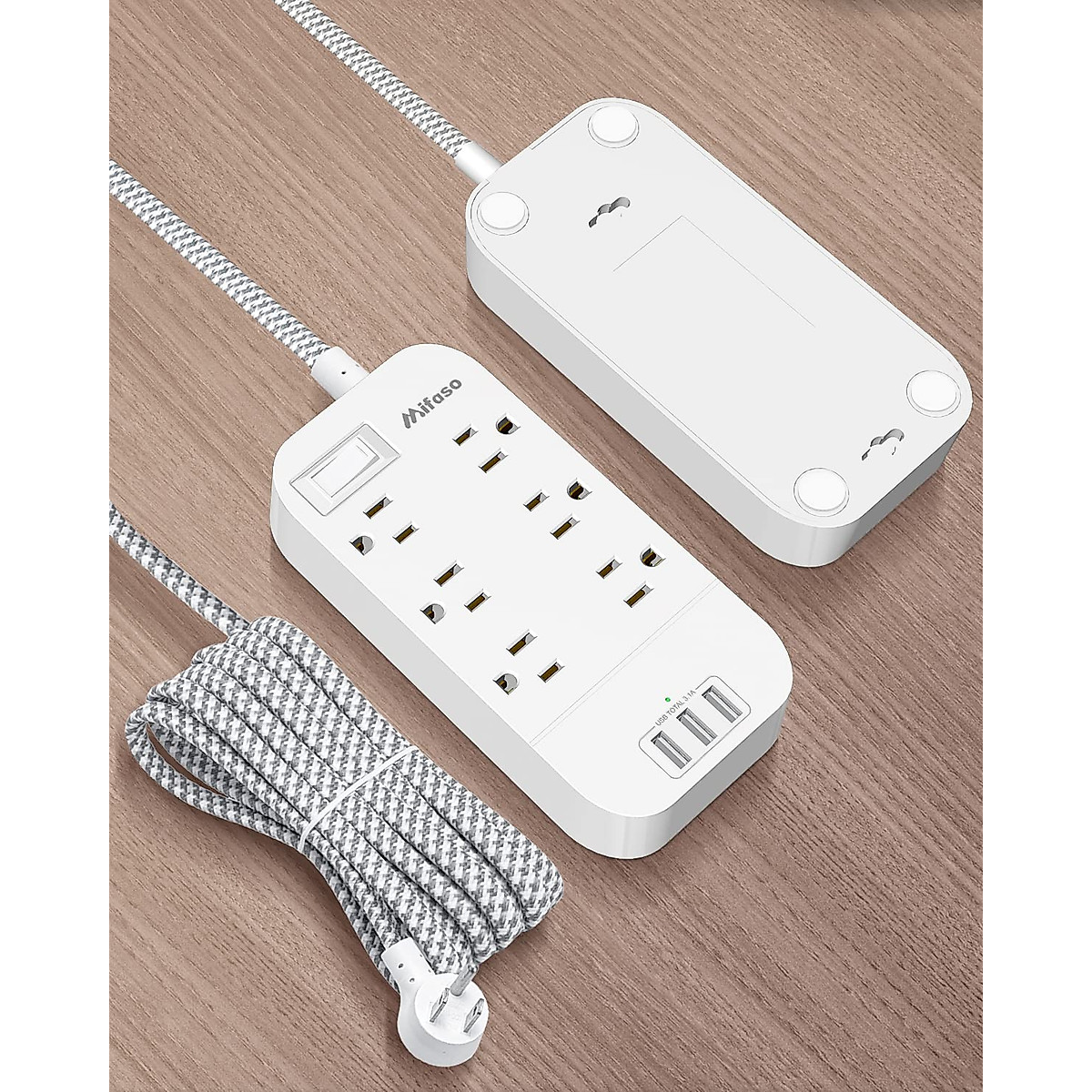 Power Strip - 10 FT Long Flat Plug Extension Cord, 6 Outlets 3 USB Ports Outlet Extender with Overload Protection, Wall Mount, Desktop Charging Station for Home, Office and Dorm Essential