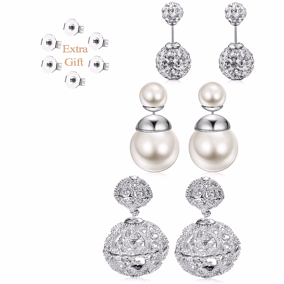 JOERICA 3 Pairs Vintage Hollow Out Womens Double Side Round Ball Stud Earrings Silver-tone