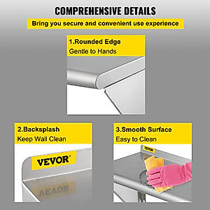 VEVOR Stainless Steel Wall Shelf, Commercial Wall Mount Shelving w/Backsplash and 2 Brackets for Restaurant, Home, Kitchen, Hotel, Laundry Room, Bar
