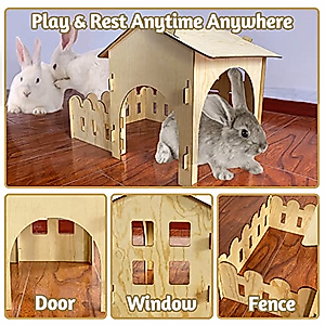 Fhiny Wooden Rabbit Castle Hideout with Fence, Small Animal Rest and Play House Hideaway with Window Detachable Rabbit Bed Hut Bunny Castle for Indoor Chinchilla Guinea Pig Hedgehog