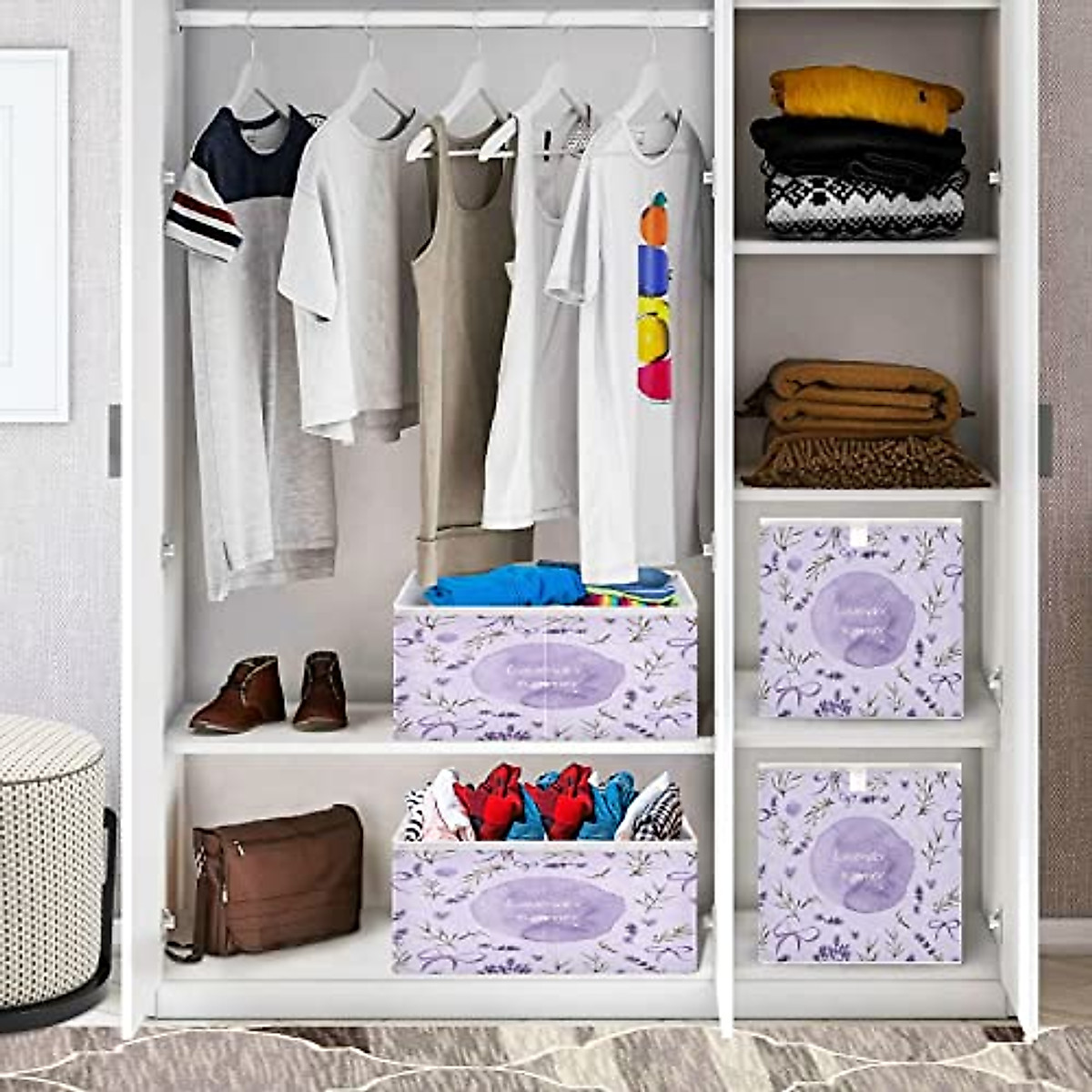 Kigai Lavender Purple Flowers Cube Storage Bins - 11x11x11 in Large Foldable Cubes Organizer Storage Basket for Home Office, Nursery, Shelf, Closet