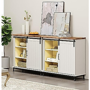 WAMPAT Multifunctional Storage Cabinet with Sliding Barn Door,LED Decorative Farmhouse Buffet Cabinet Coffee Bar Cabinet Accent Cabinet Entryway Storage Table for Living Room,Kitchen,70'',Cream White