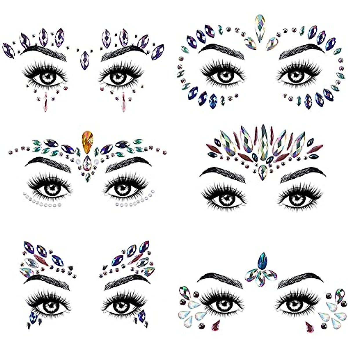 AOMIG Face Gems Glitter, 6 Pcs Rhinestone Face Glitter Stickers, Mermaid Face Jewels Stick On, Crystal Tears Gem Stones Eyes Face Body Temporary Tattoos Stickers for Birthday Party, Rave Makeup