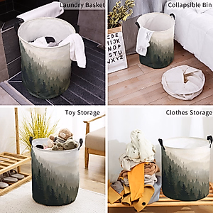LiDU 17-inch Laundry Hamper Foldable Laundry Basket, Fog in Forest Waterproof Clothes Hamper for Bathroom Bedroom Living Room, Fogforest Army Green Toy Baskets for Dollhouse, 16.5inDx17inH