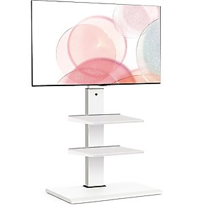 FITUEYES Iron Base Universal Floor TV Stand with Swivel Mount Space Saving for 26-65 Inch LED LCD OLED Plasma Flat Panel or Curved Screen TVs Height Adjustable Wire Management with 2 Shelves White