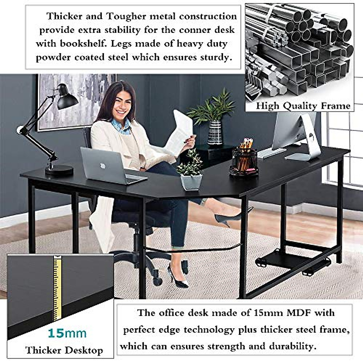 Computer Desk Modern L Shaped Desk, L Corner Desk Gaming Desk PC Laptop Study Wood Table Workstation,Home Office Save Space Study Writing Table with CPU Stand and 15mm MDF,66 Inch,Wood & Metal (Black)