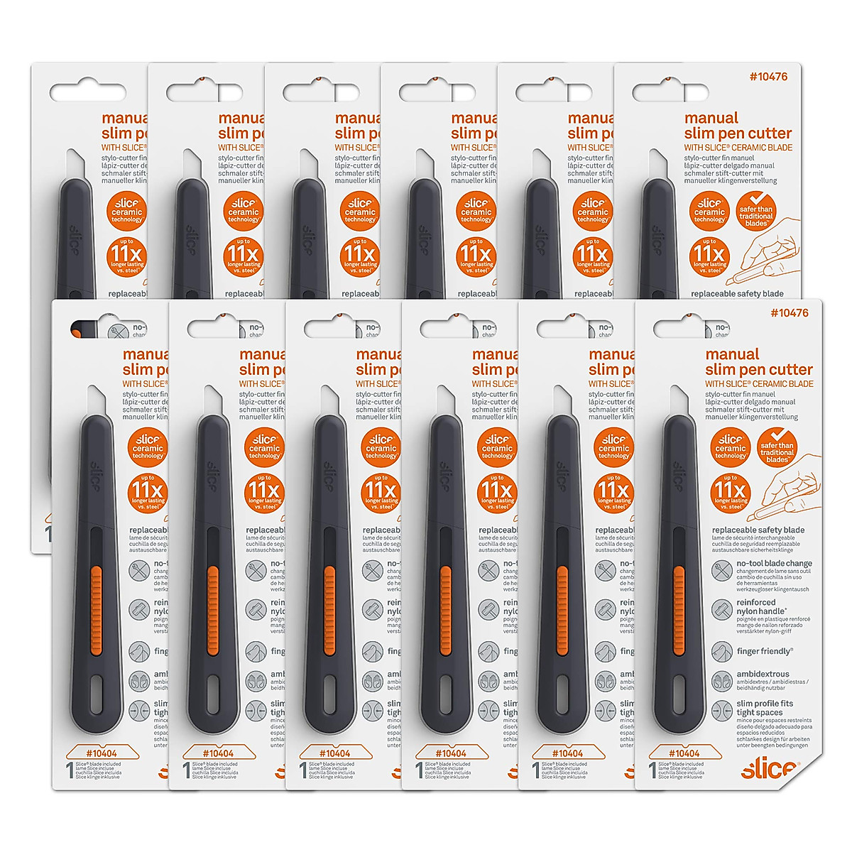 Slice 10476-CS Manual Slim Pen Cutter, Tighter Control, Finger Friendly Ceramic Blade, Side Slider Button for Thumb Blade Control, Lasts up to 11x Long as Stainles Metal, 12 Pack