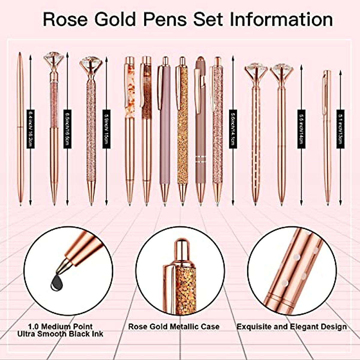 12 Pcs Rose Gold Pretty Pens Set, Super Cute Liquid Sand Glitter Pen Metal Ballpoint Pens Crystal Diamond Pen Girly Black Ink Gifts for Women Mother Daughter Birthday Wedding Office Supplies (12)