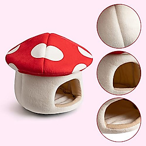 PAPITLULU Pet Bed Small Animals Bed Dutch Pig Hamster Nest Hedgehog Rat Chinchilla Guinea Habitat Mini House, Red Mushroom, S