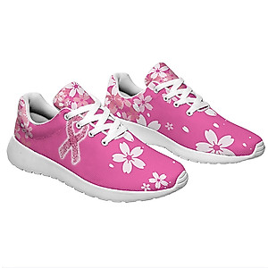 Breast Cancer Awareness Shoes Women Fashion Ultra Lightweight Running Sneakers Pink Ribbon Print Walking Tennis Shoes Gift for Her White Size 8