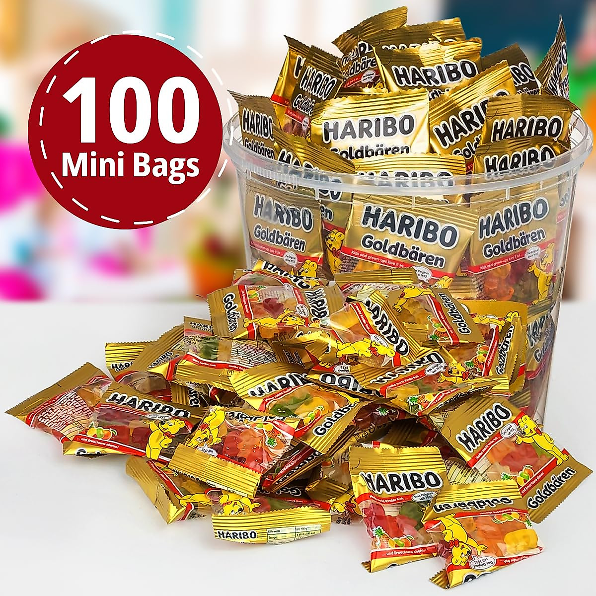 Easter Candy Haribo Gold Bears Gummi Candy - Haribo Gummy Bears Individually Wrapped for Holidays Stocking, Pineapple, Strawberry, Lemon, Orange, and Raspberry Flavors, 100 Mini Bags