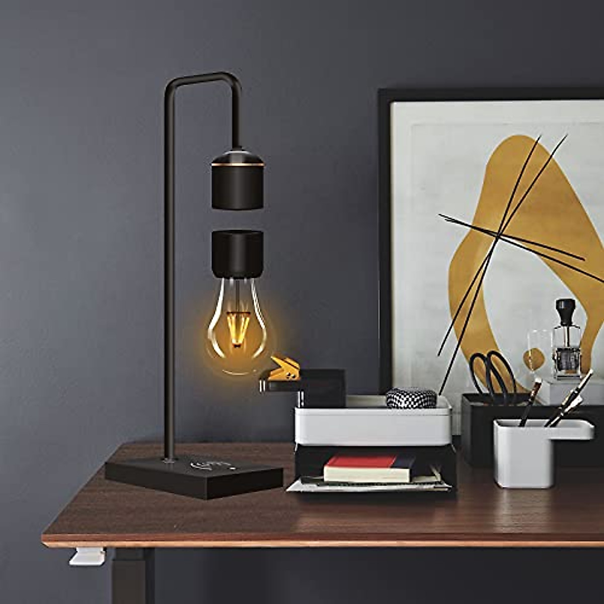 MODIRNATION Unique Modern Levitating Lamp with Floating Light Bulb and Built-in Qi Wireless Charger, Simplistic and Innovative Design, Warm Decorative Night Light (Black)