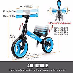 JOLLITO Toddler Balance Bike for 18 Months, 2, 3, 4 Years Old Girl Boy, Adjustable Seat and Handlebar, 9 Inch Wheel, Aluminium Frame, Best Gift for Beginners
