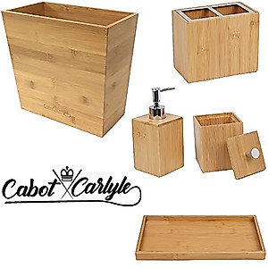 Bamboo Bathroom Accessories Set with Bamboo Trash Can 5 Piece Complete Wood Boho Bathroom Accessory Set Toiletry Box Toothbrush Holder Liquid Bamboo Soap Dispenser Wood Towel Tray Bamboo Decor