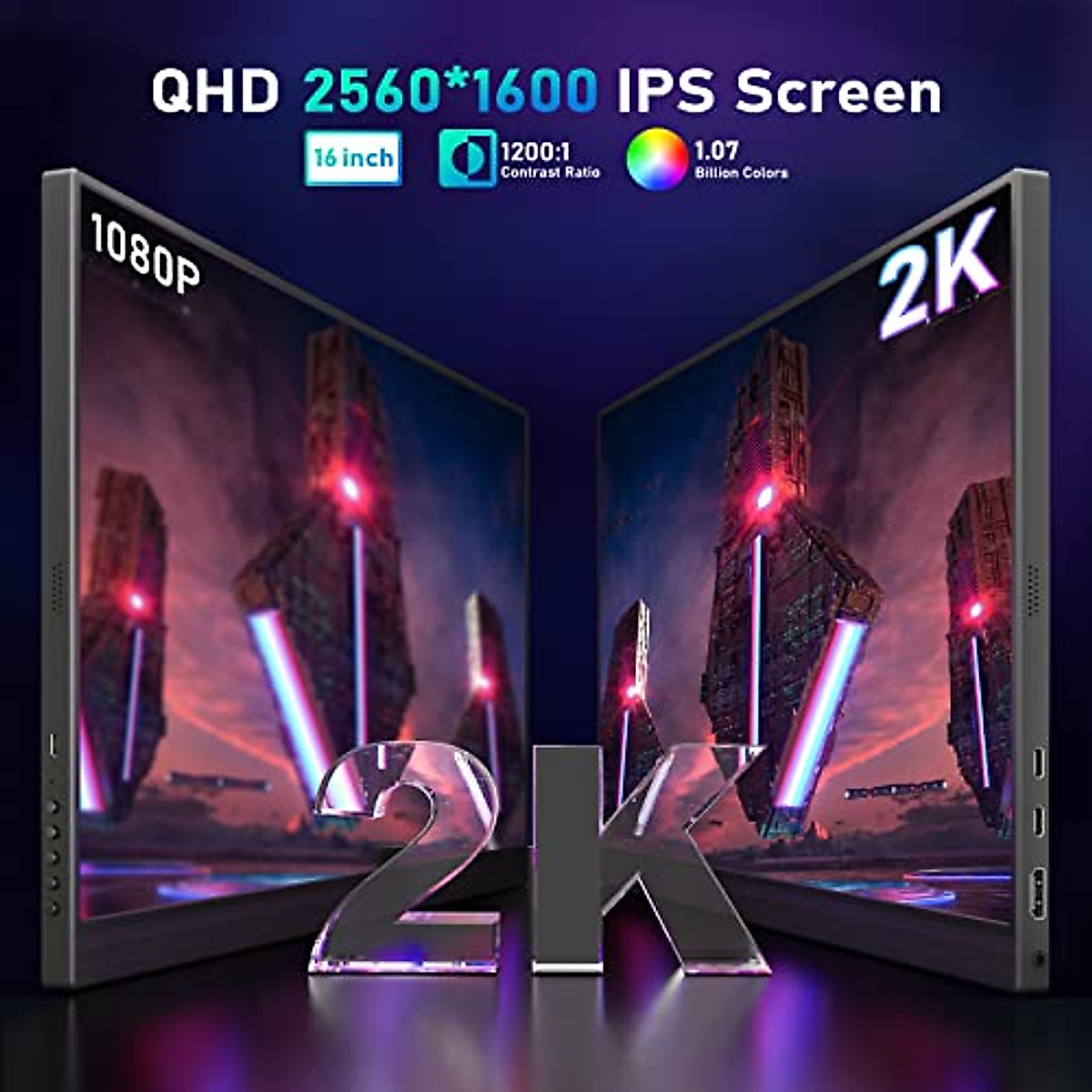 HONGO 2K 16" Portable Gaming Monitor, 2560x1600 QHD with VESA, HDR, IPS Second Screen, 120Hz Refresh Rate for PS5, Phone, Switch