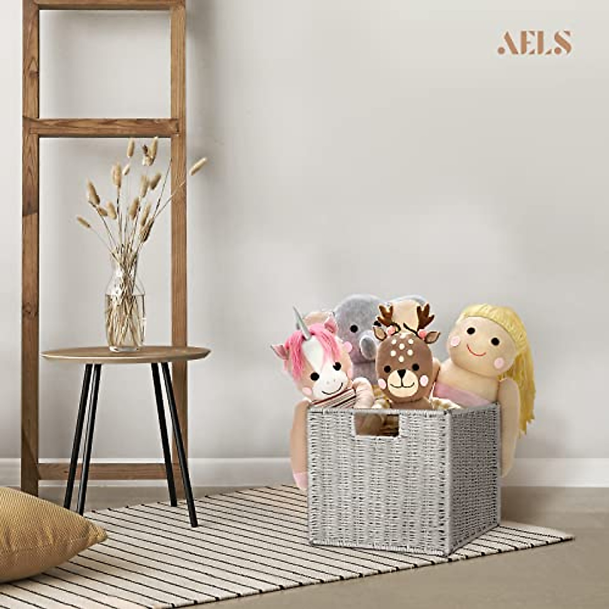 AELS Woven Baskets for Storage, Natural Hand-woven Storage Baskets for Organizing, Cubby Cubes Storage Bins for Shelves, 11" Modern Farmhouse Square Storage Cubes with Handles, Light Gray, 2 Pack