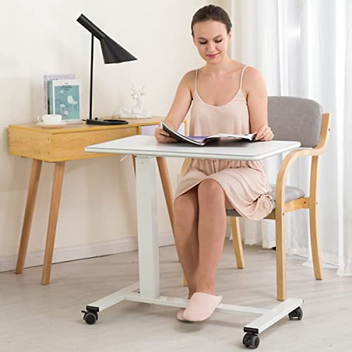 TigerDad Pneumatic Adjustable Overbed Table with Gas Spring Riser | Medical Adjustable Bed Side Table with Wheels | Portable Standing Desk for Laptop Computer with Large Work Space 30.7"x 17"