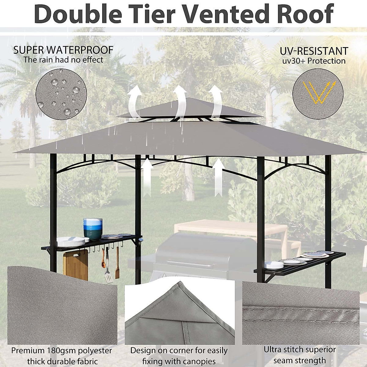 8X 5 FT Grill Gazebo Canopy Top, Gazebo Roof Double Tiered, Water-Repellent, Outdoor BBQ Roof Cover Grill Shelter with 2 Side Shelves, 5 Hooks, Bottle Opener, Barbecue Grill Gazebo Shelter (Gray)