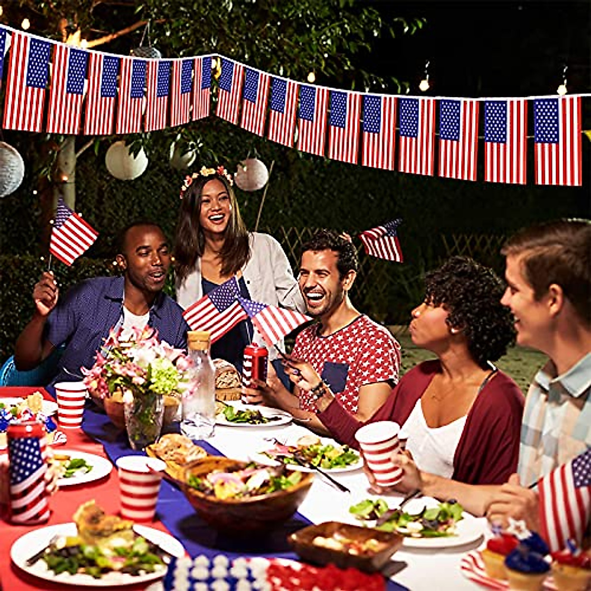 Bulk Patriotic Red White Blue Party Decoration Assortment American USA Flag Banner Star Garland Hanging Paper Fans Hanging Swirl Tissue Paper Pom Poms for 4th of July Independence Day Memorial Day
