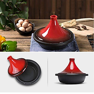 MYYINGBIN Tagine Enameled Cast Iron Pot with Ceramic Lid for Different Cooking Styles and Temperature Settings, Lead Free Slow Cooker, Red