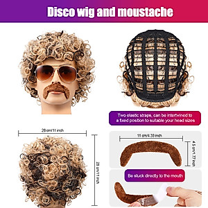 Frienda 4 Pcs 70s 80s Disco Wig Costume Set,Includes Disco Hippie Short Curly Wig,Disco Sunglasses,Moustache and Faux Gold Chain Necklace Afro Brown Wig for Disco Men Women Party